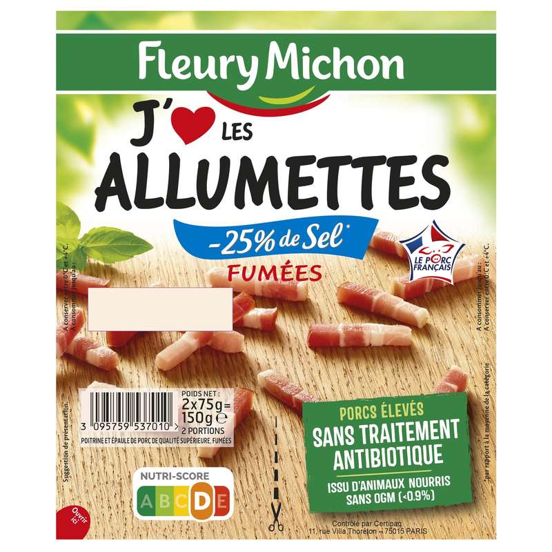 Lardons allumettes fumés "j'aime" taux de sel réduit, Fleury Michon (2 ...