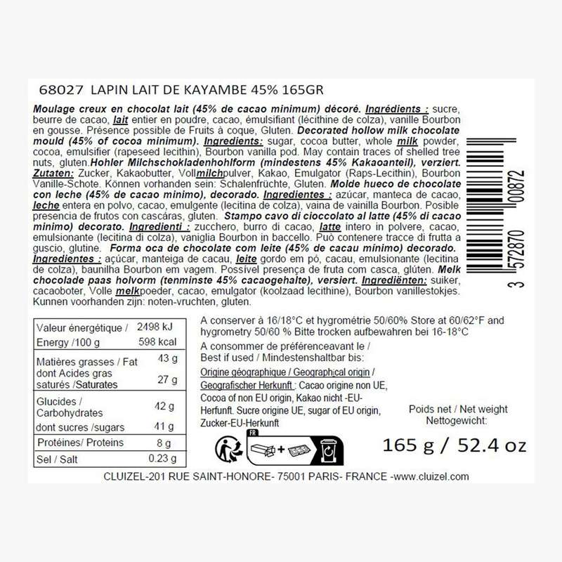 Lapin lait - Kayambe 45 %, Cluizel (165g) | La Belle Vie : Courses en Ligne - Livraison à Domicile