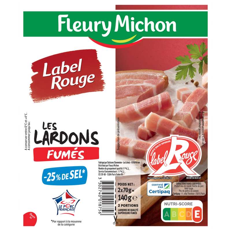 Lardons fumés Label Rouge -25% de sel, Fleury Michon (2 x 70 g) | La ...