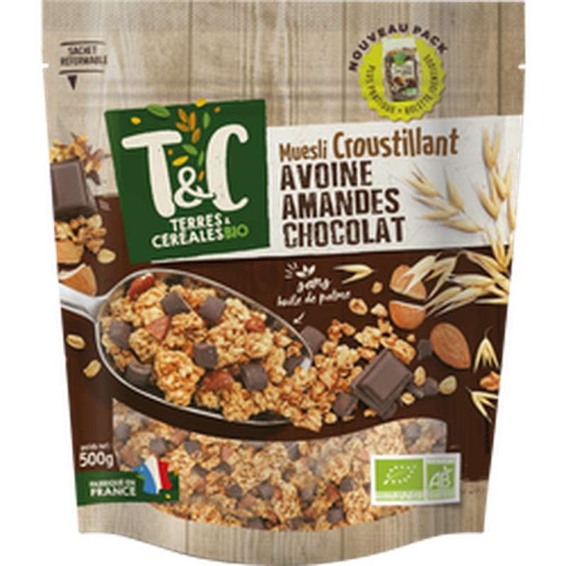 Muesli croustillant Avoine Amande Chocolat BIO, Terres et céréales (500 ...