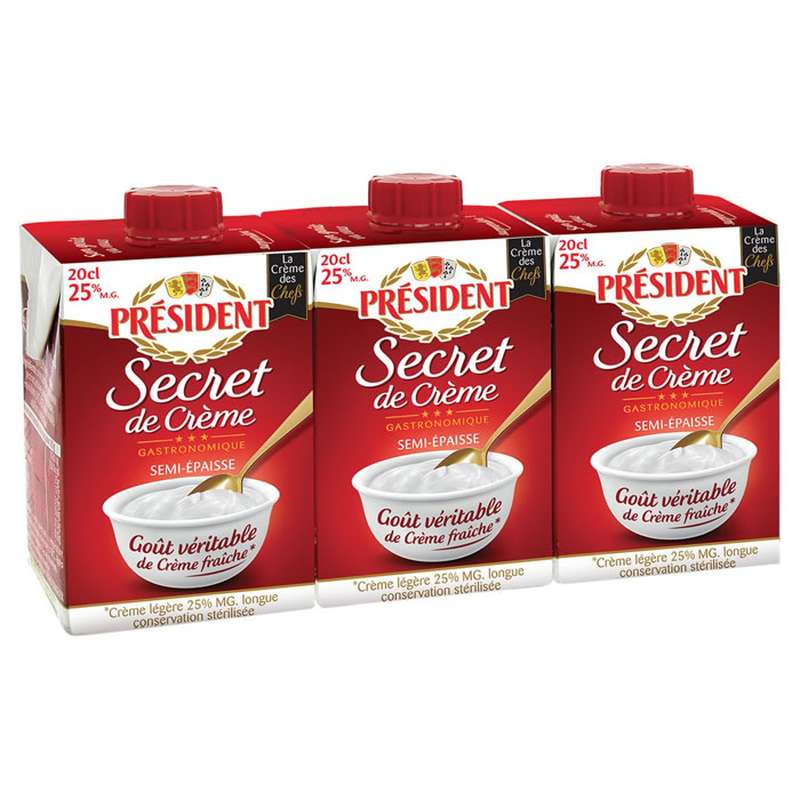 Crème semi-épaisse, Secret de crème 25%, Président (3 x 20 cl) | La ...