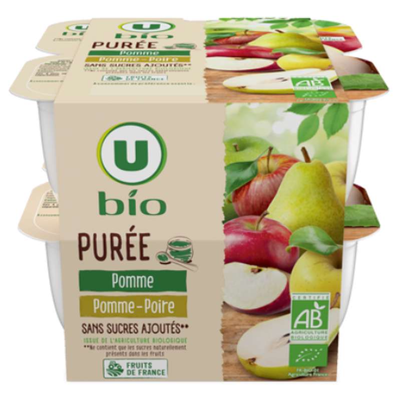 Purée pommes/pommes poires sans sucres ajoutés, U Bio (8 x 100 g) | La ...