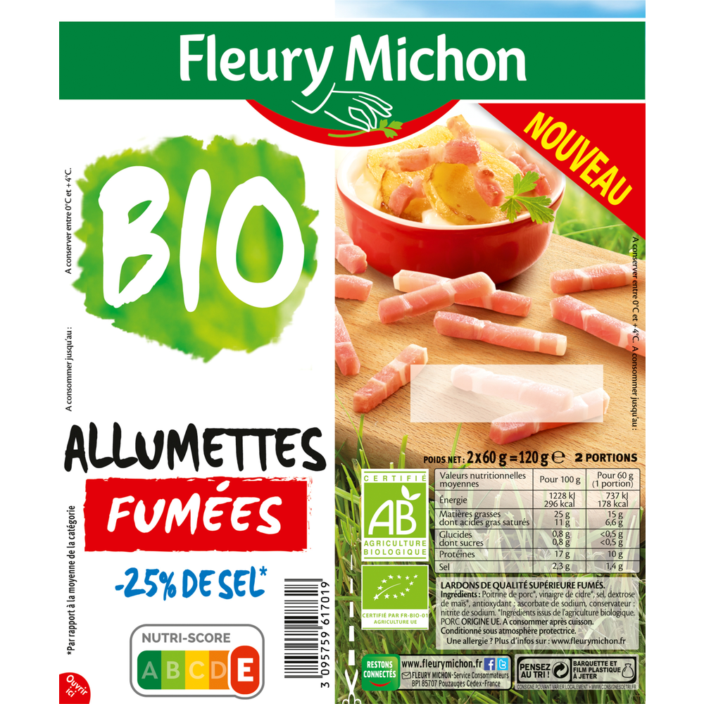 Lardons allumettes fumées -25% de sel BIO, Fleury Michon (2 x 60 g ...